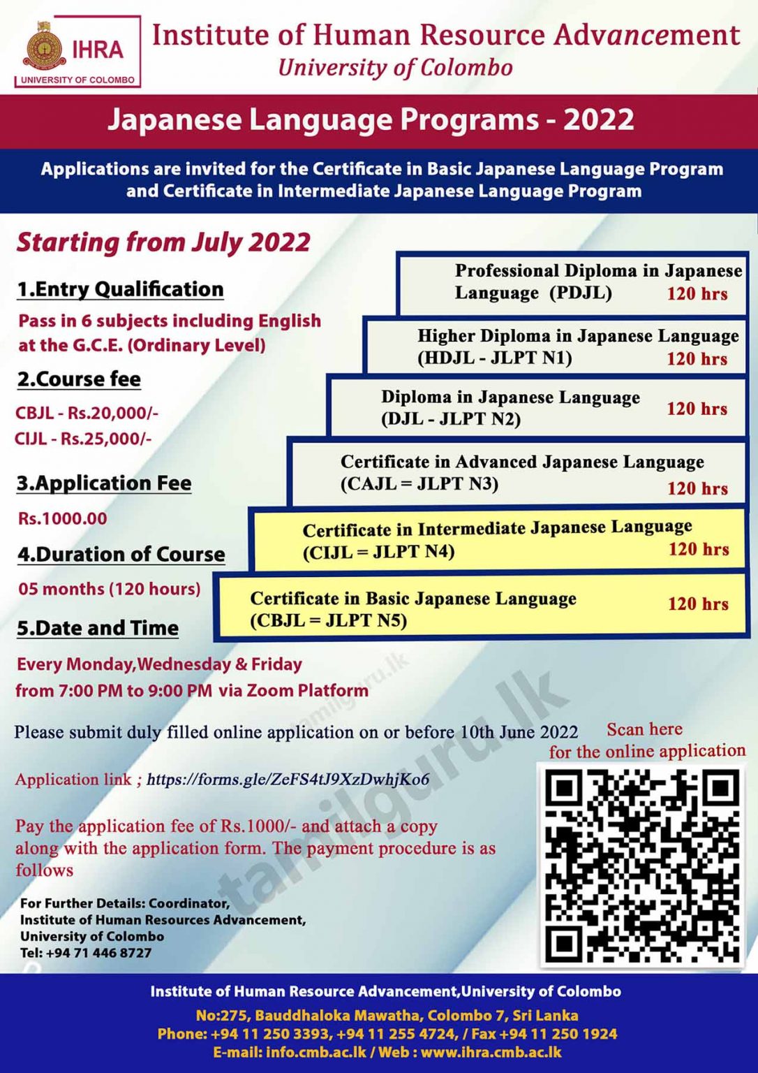 Japanese Language Programs (Courses) 2022 - University of Colombo