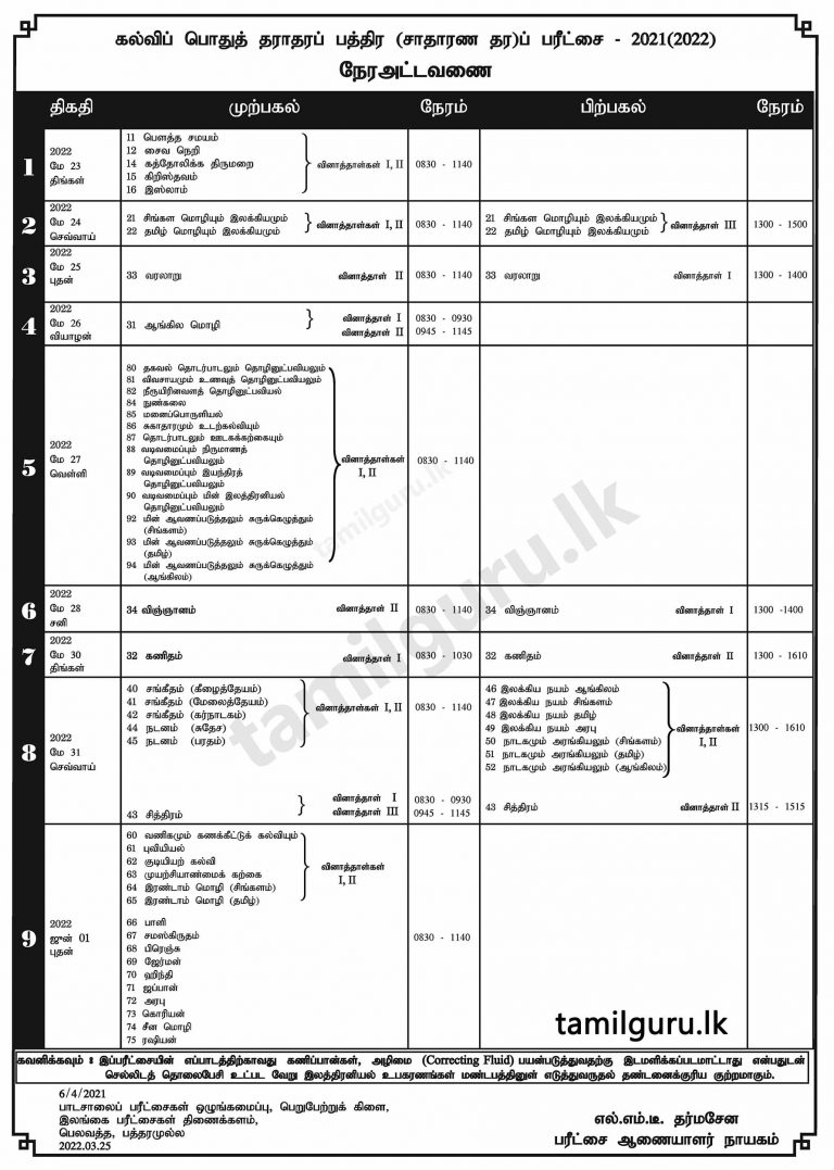 GCE O/L Exam Time Table 2021 (2022) - Department of Examinations