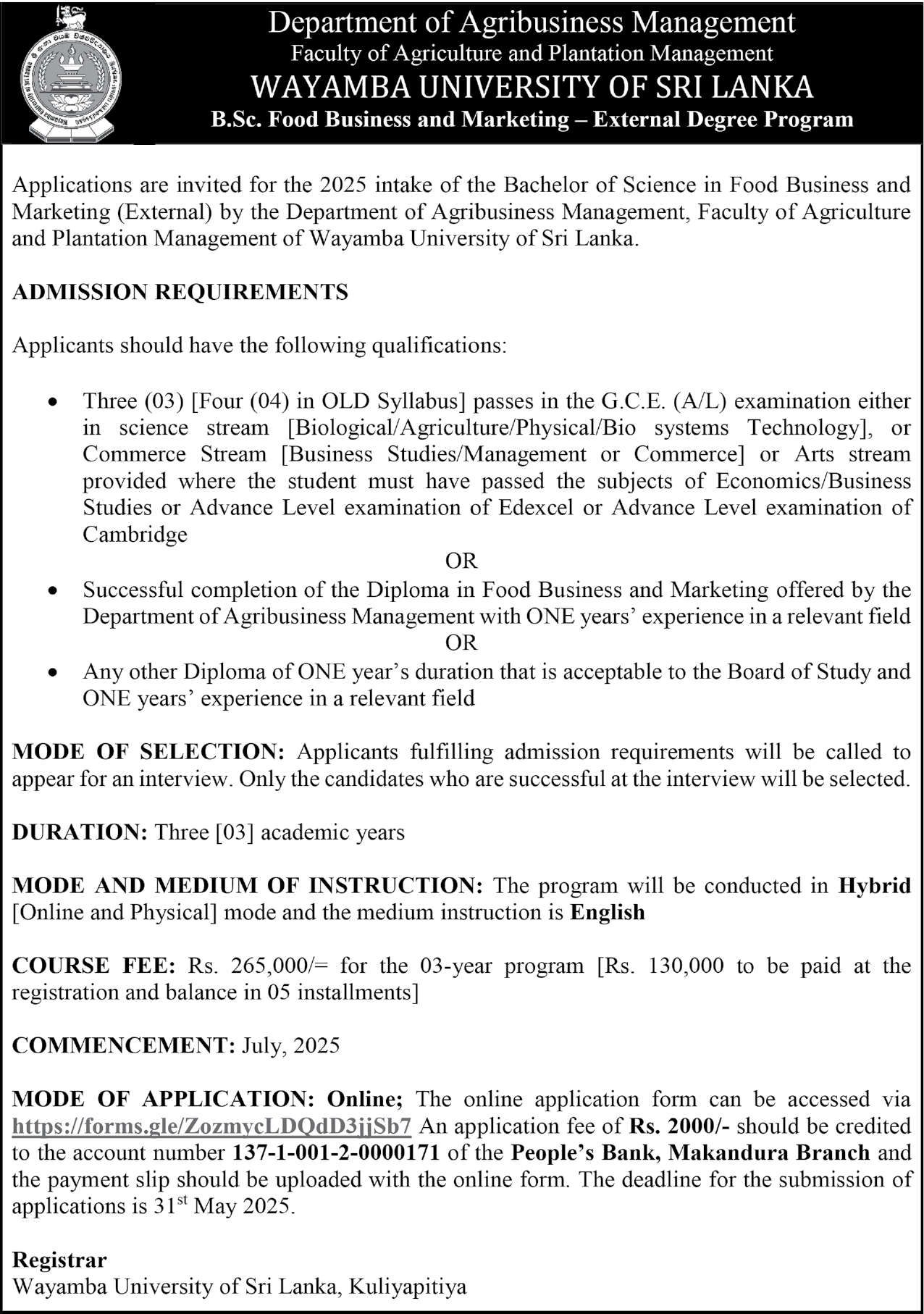 BSc in Food Business & Marketing (External) Degree 2025 - Wayamba ...