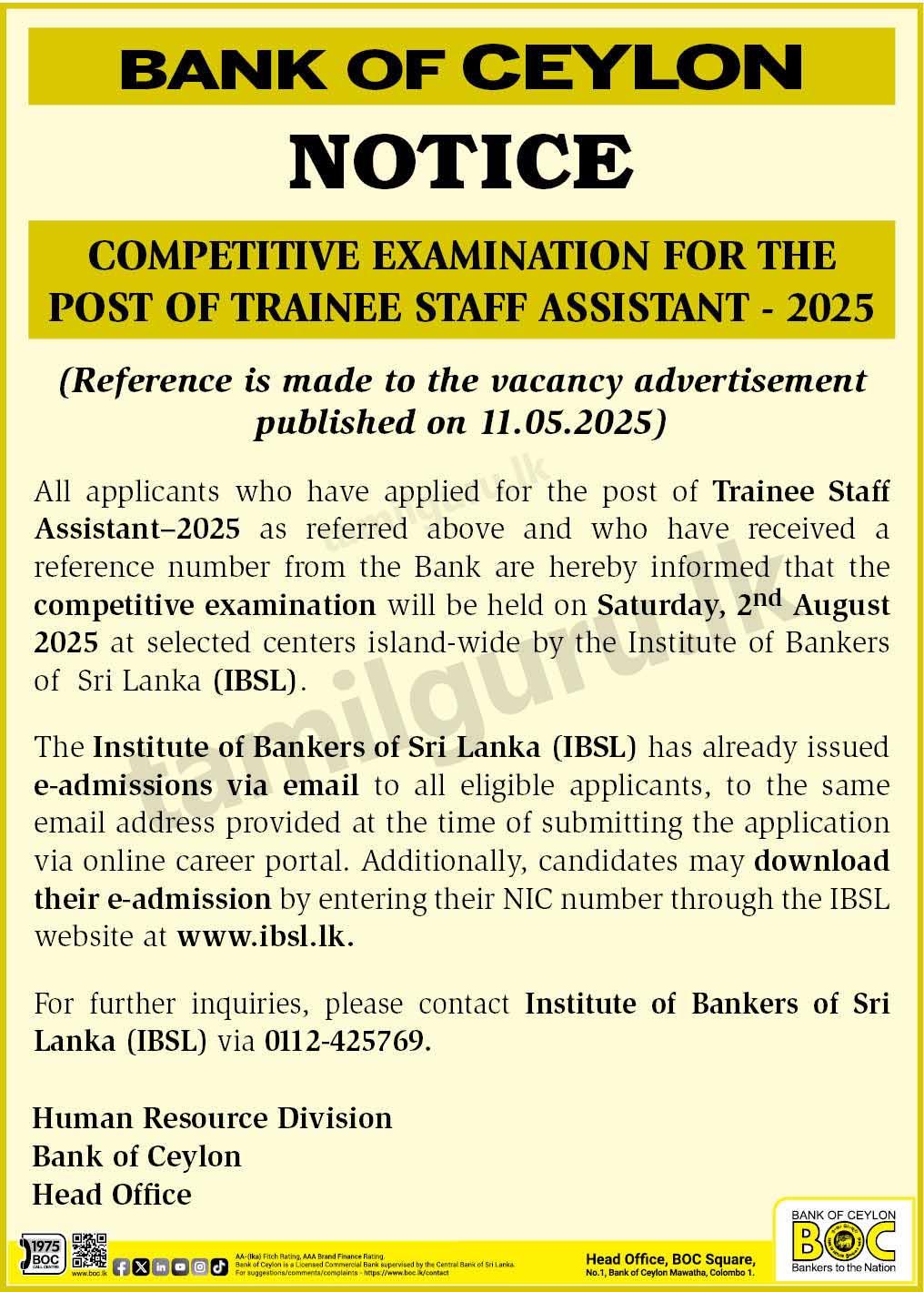 BOC Bank Trainee Staff Assistant Exam Admission Card 2025