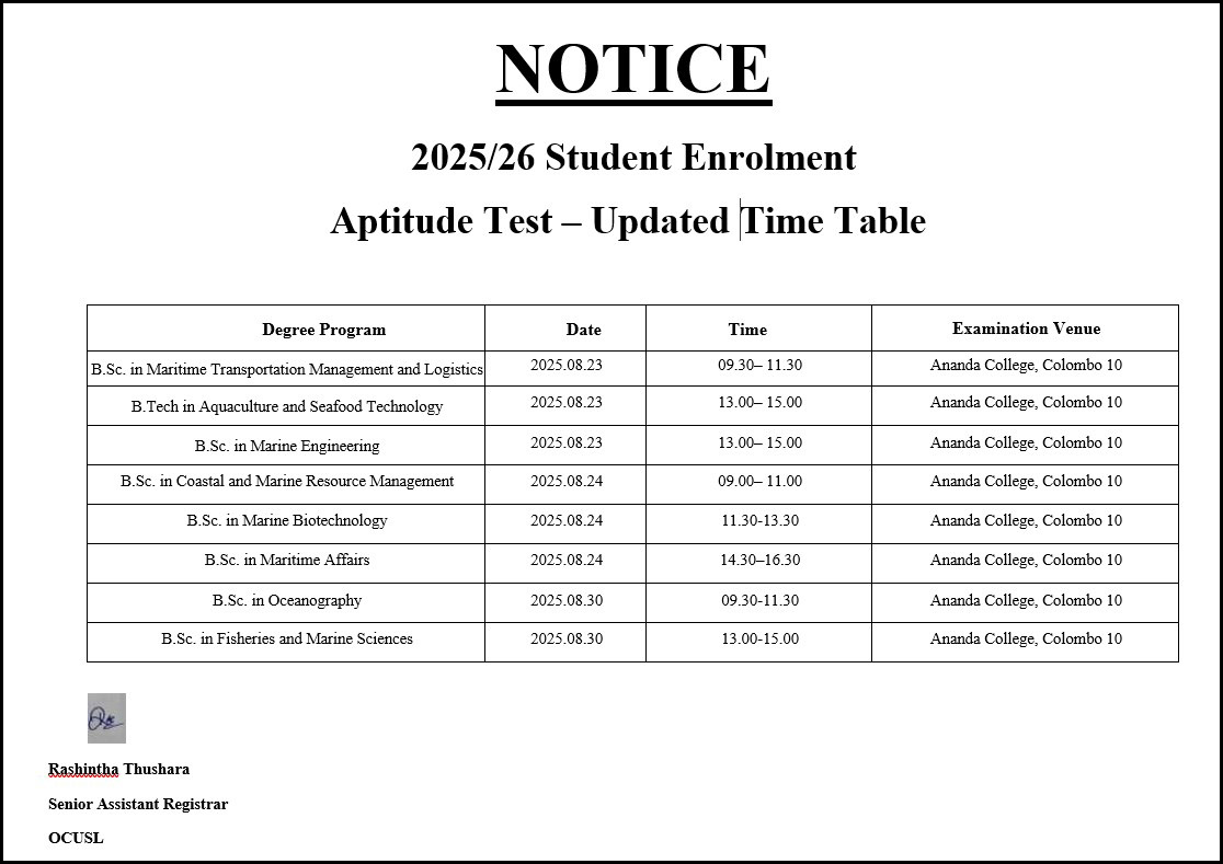 Ocean University Aptitude Test Time Table 2025 for Degree Programs