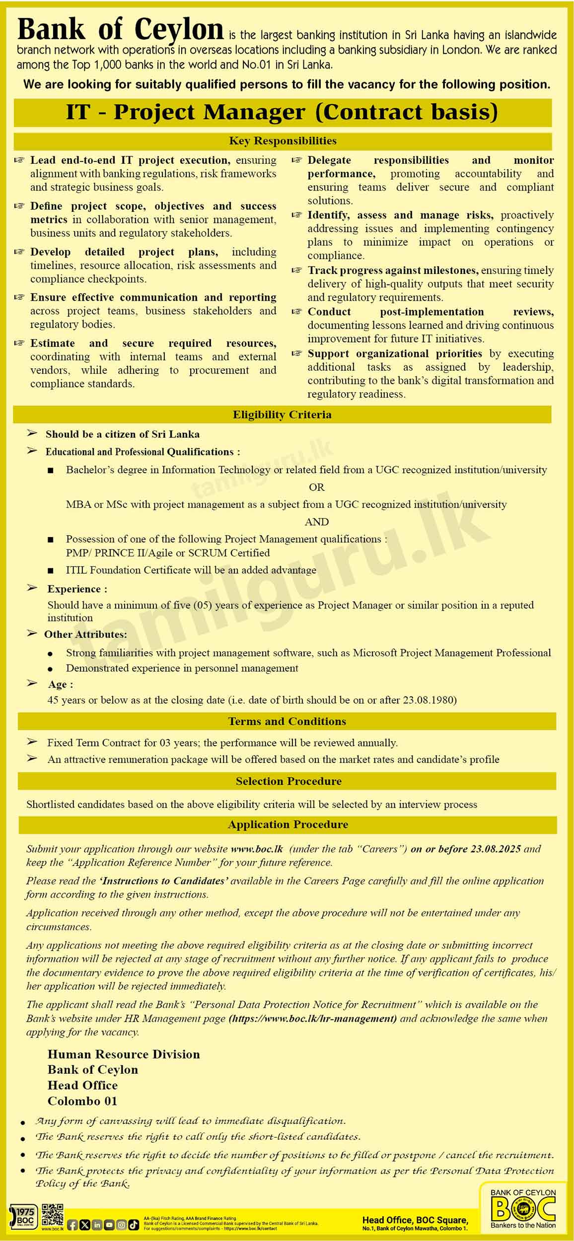 BOC Bank Vacancies 2025 - Post of IT Project Manager